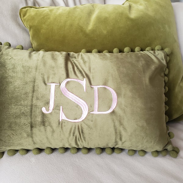 Embroidered Velvet Monogram Pillow. Insert Included. 12x20 Personalized ...