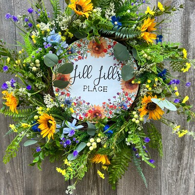Wreath Sign, Scarecrow and Sunflowers Fall Round Metal Wreath Sign ...