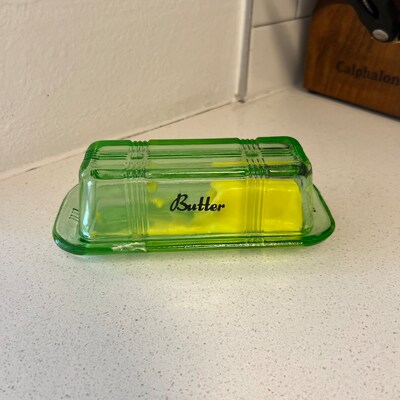 Jadeite Green Depression Style Glass Grease Jar With Lid, Black Band ...