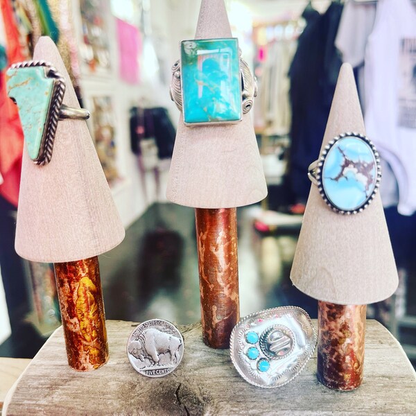 Ring Display in Weathered Wood With Distressed Copper - Ring Display ...