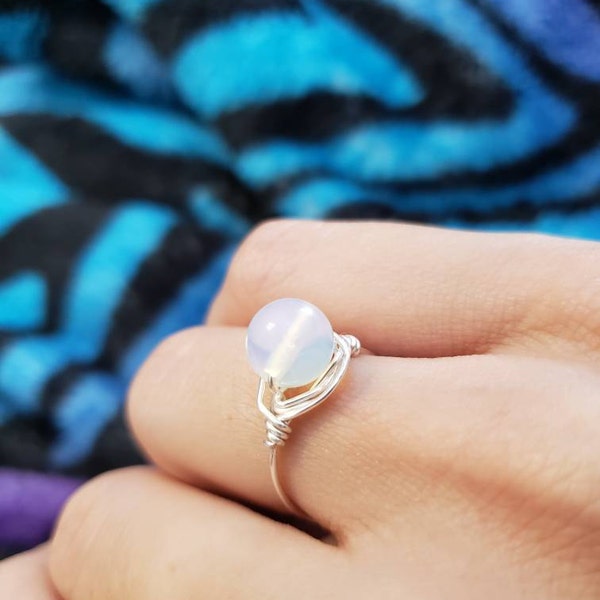 Wire Wrapped Opalite Ring, Opalite Jewelry, Opal Bead Ring, Blue Opal Crystal Rings, Stone Wire ...