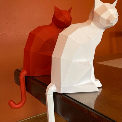 3D Paper Craft Cat, DIY Sculpture Sitting Cat, Papercrafting, Low Poly ...