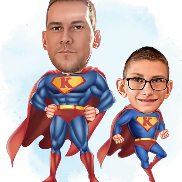 Custom Super Dad and Son Cartoon Portrait, Super Dad Portrait, Dad's ...