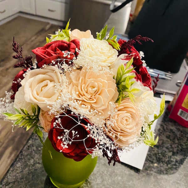 Wine Red and Blush Wood Flower Wedding Bouquet - Etsy