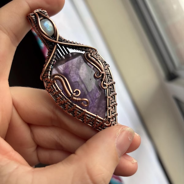 Natural Amethyst, Moonstone Pendant Copper Wire Wrapped Pendant ...