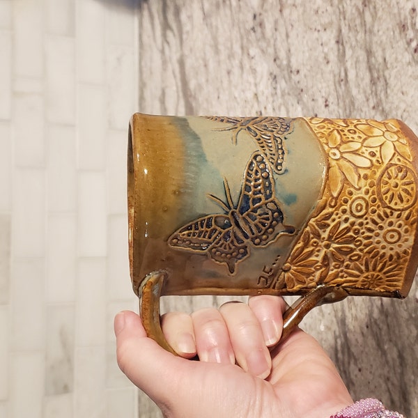 Handmade Butterfly Pottery Mug: Artisan Stoneware Coffee Cup - Etsy