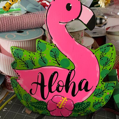ALOHA FLAMINGO SIGN Deck Patio Pool Wall Art Door Plaque Backyard Tiki ...