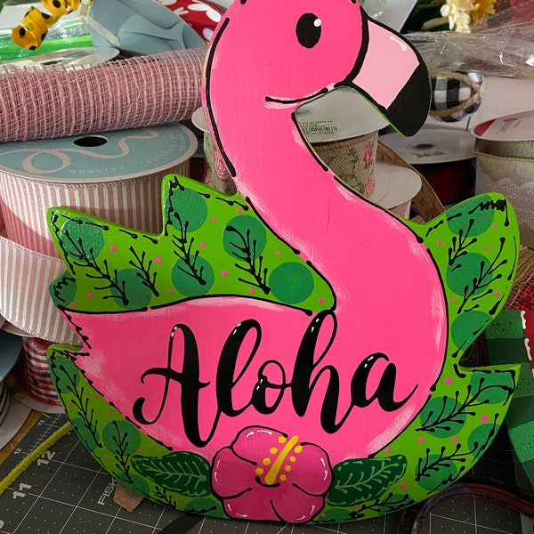 ALOHA FLAMINGO SIGN Deck Patio Pool Wall Art Door Plaque Backyard Tiki ...