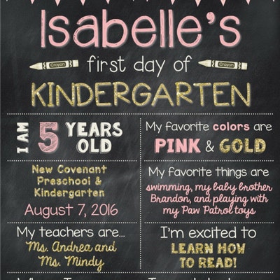 Pink and Gold First Day of Kindergarten Chalkboard Sign First - Etsy