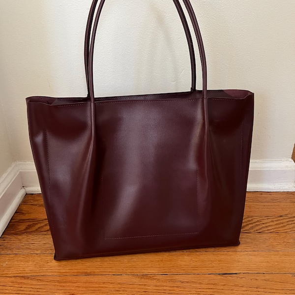 Burgundy Spacious Leather Handbag, Large Womens Shopping Bag, Shoulder ...