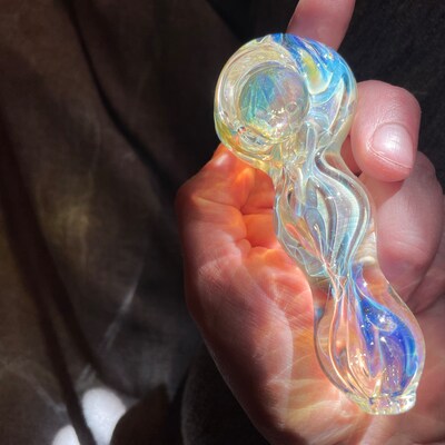 Yellow and Blue Fumed Glass Pipe Handmade Unique Golden Heady - Etsy