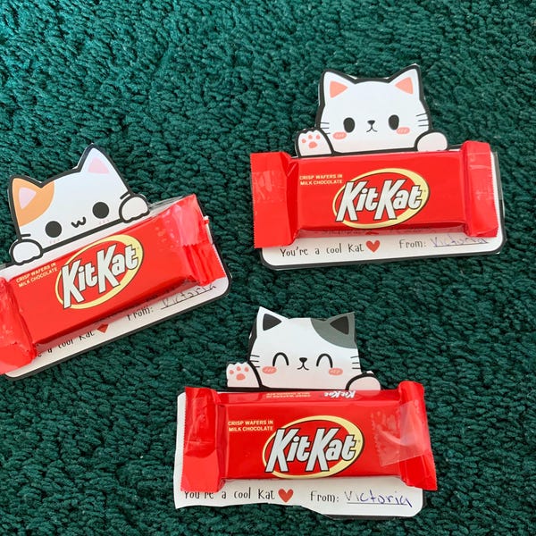 Printable Cat Valentine Favor Tag – Kitkat Candy Treat, Classroom ...