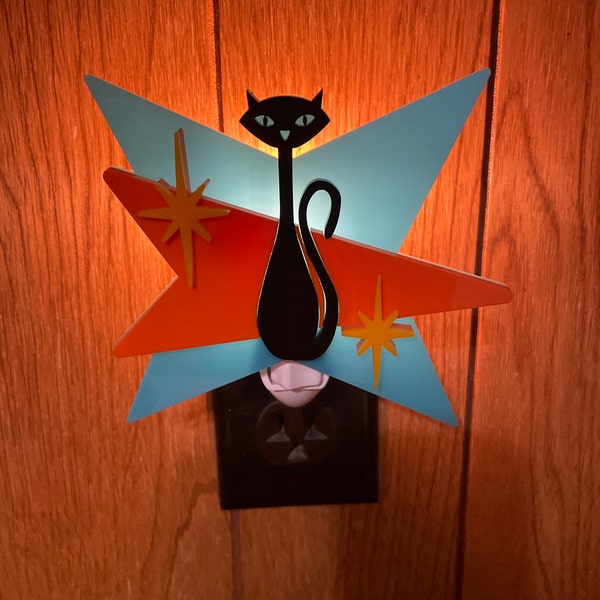 Mid Century Modern Night Light: Black Cat Acrylic Atomic Wall Decor - Etsy