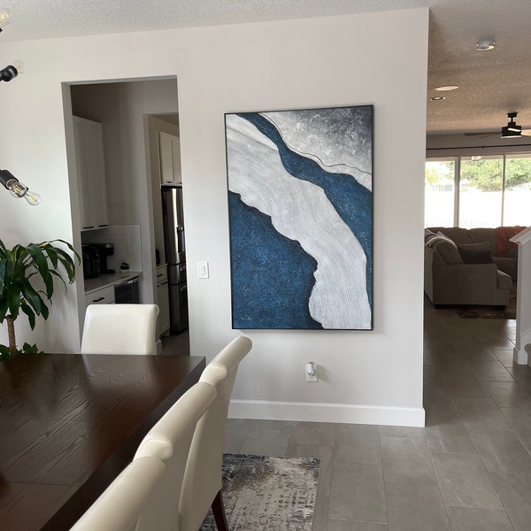 Navy Blue Gray Abstract Ocean Painting Horiztonal Dark Blue 3D Plaster Textured Art Original ...