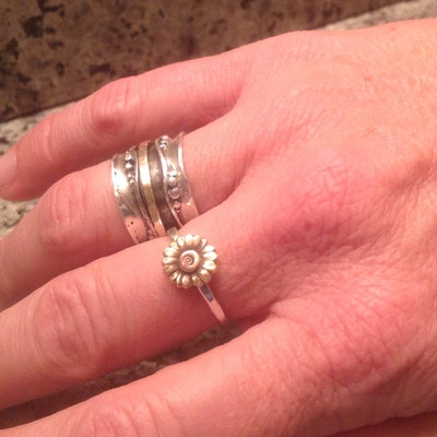 Sunflower Ring, Stack Ring, Flower Stack Ring, Flower Ring, Silver Stack Ring, Sunflower Stack ...