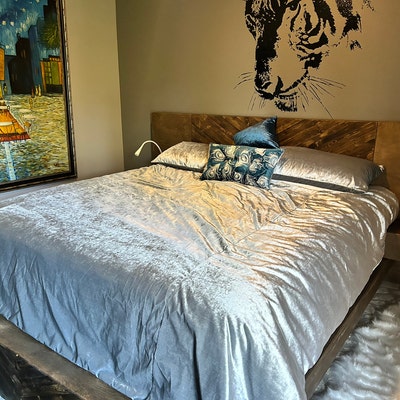 Handcrafted Wood Stepped Platform Bed Frame Modern White Oak Headboard ...