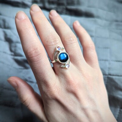Natural Moonstone and Labradorite Ring Blue Flashy Two - Etsy