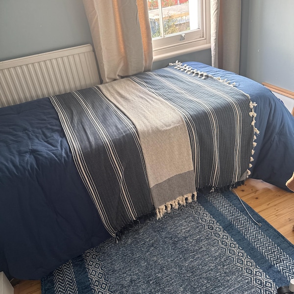 Turkish Cotton Bedspread, Denim Blue Throw Blanket, Soft Cotton Bed ...