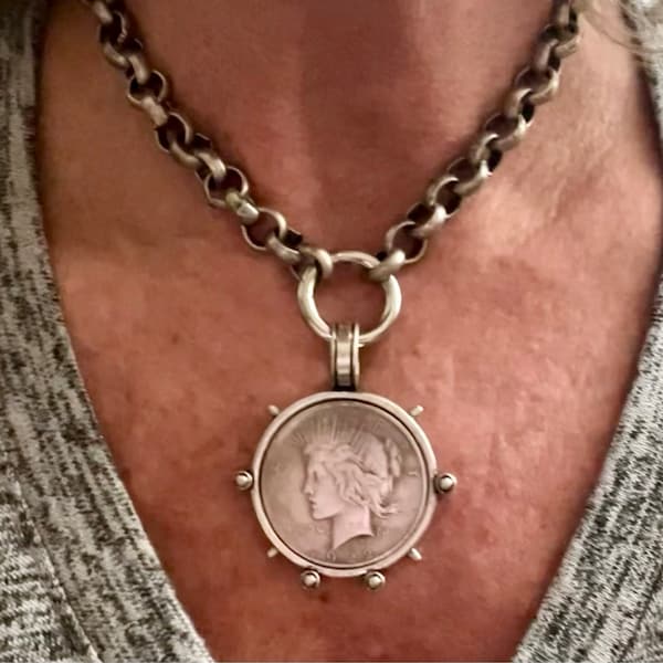 Large Antiqued Silver Rolo Chain Necklace. Large Replica Silver Coin ...