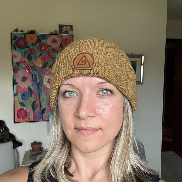 Waffle Knit Beanie Custom Leather Patch Hat; Classic Winter Hat ...