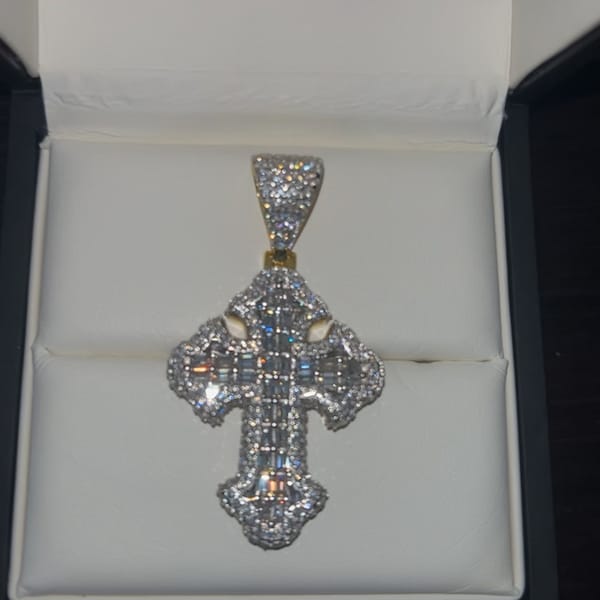 Iced Out Baguette Moissanite Gothic Cross Pendant: 14k Gold Vermeil ...