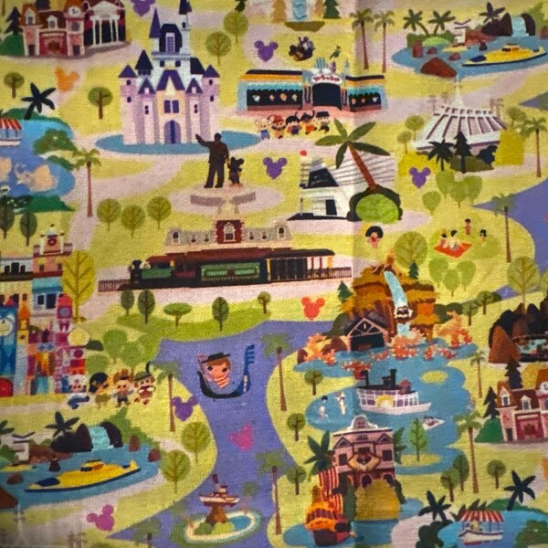 Disney Fabric, Mickey Fabric, DISNEY WORLD MAP Fabric, Yard 36" X 44 ...