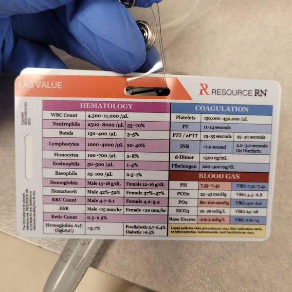 Lab Values Badge Card, Blood Draw Guide for Nurses, EMT, Phlebotomist ...