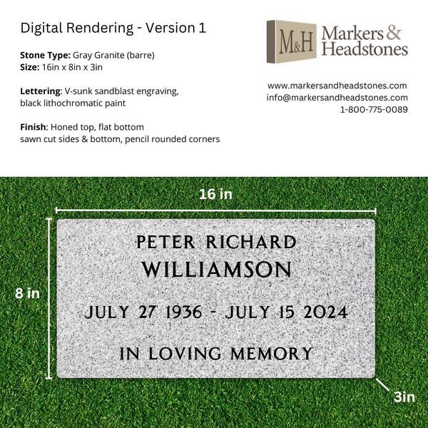 Grave Marker Headstone - Personalized, Engraved, Tombstone, Granite Headstone - 16x8x3 or ...