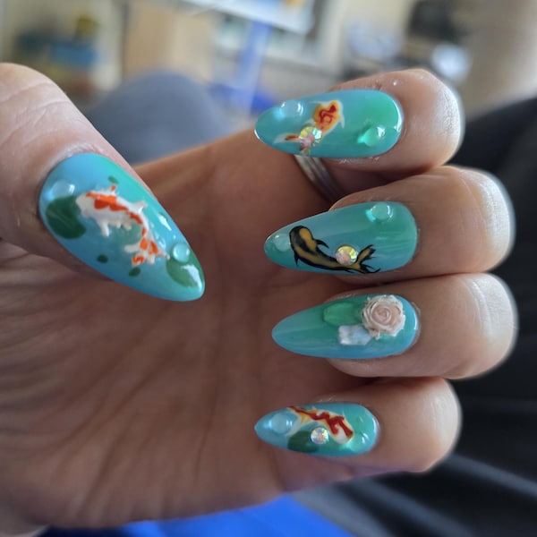 Ocean-inspired Press on Nails | Hand Painted Koi Fish Nail Art | Blue ...