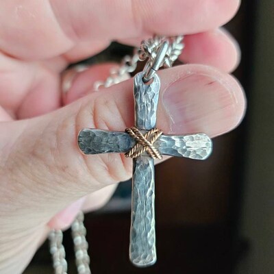 Handmade Hammered Sterling Silver Cross With Copper Wrap, Available as ...