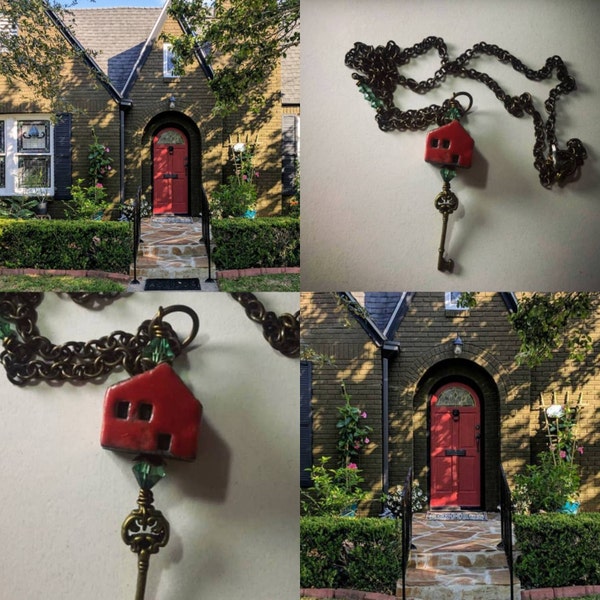 Handmade Ceramic House Pendant Long Vintage Brass Chain Necklace ...