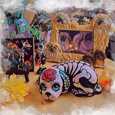 Day of the Dead DOG Statue Skeleton Puppy Figurine Pet Memorial Shrine ...