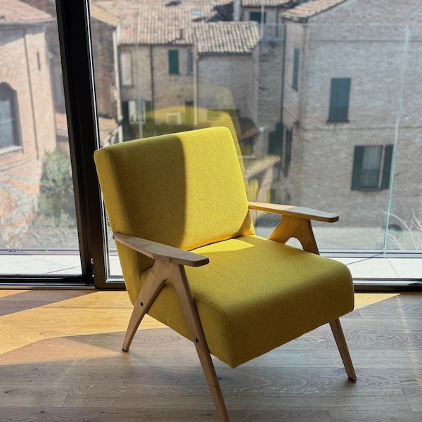 Mid-century Modern Armchair in Beige Linen, Handmade Vintage-style ...