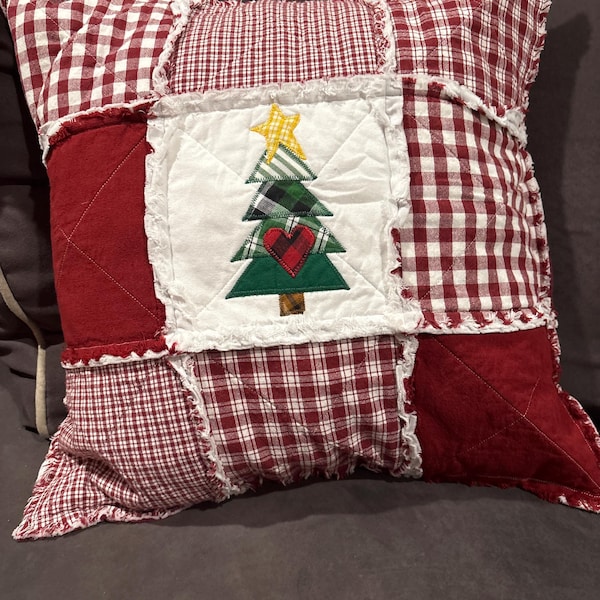 Country Red Heart Quilted Pillow Cover, Appliqué Pillow, Rag Quilt ...