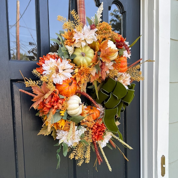 Fall Door Wreath, Autumn Farmhouse Decor, Pumpkin Fall Wreath, Autumn ...