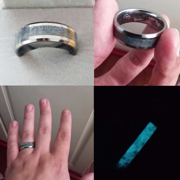 Blue Opal and Meteorite Glow Ring, Tungsten Band, Genuine Muonionalusta ...
