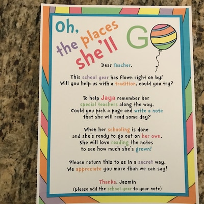 Oh the Places You'll Go Instruction Letter for Teachers to Sign Book ...
