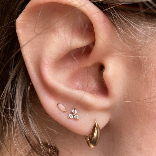 14K Gold Marquise Opal Flat Back Earring | 18G Tiny Minimalist Stud ...