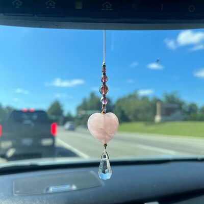 Rose Quartz Car Charm, Heart Crystal, Car Crystal, Rear View Mirror ...