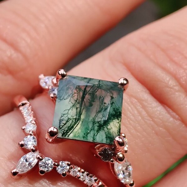 Princess Cut Moss Agate Ring Gold Vintage Green Moss Agate Engagement ...