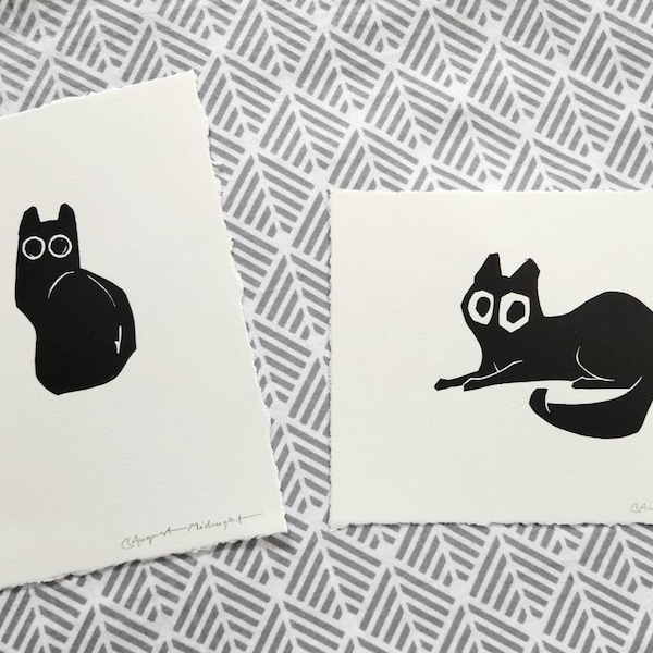Little Black Cat Lino - Printmaking 7x5 Animal Art - Deckle Edge Small ...