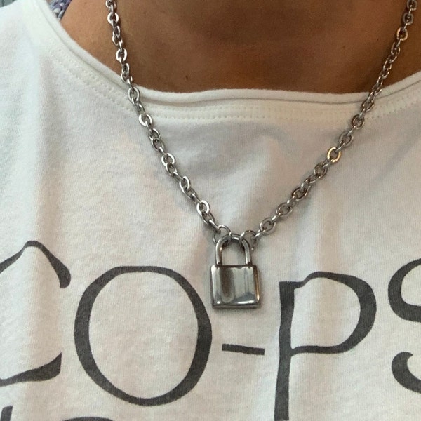 Handmade Stainless Steel Mini Lock Necklace: Oval Chain Layering Choker ...