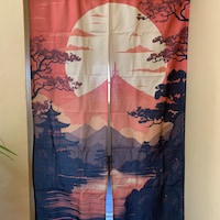 Japanese Noren, Japanese Landscape Artwork Featuring a Bonsai Tree and ...