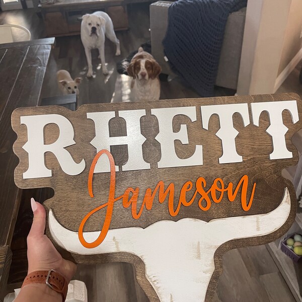 Bull Horns Baby Name Sign / Bull Boy Nursery Door Hanger / Wood ...