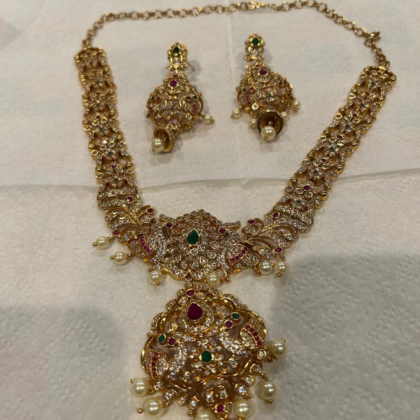 CZ Diamond Pear Necklace Unique Designer Jewelry Set South Indian ...