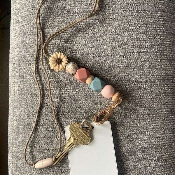 Custom Name Teacher Lanyard, Boho Flower Wood Beaded ID Badge Keys ...