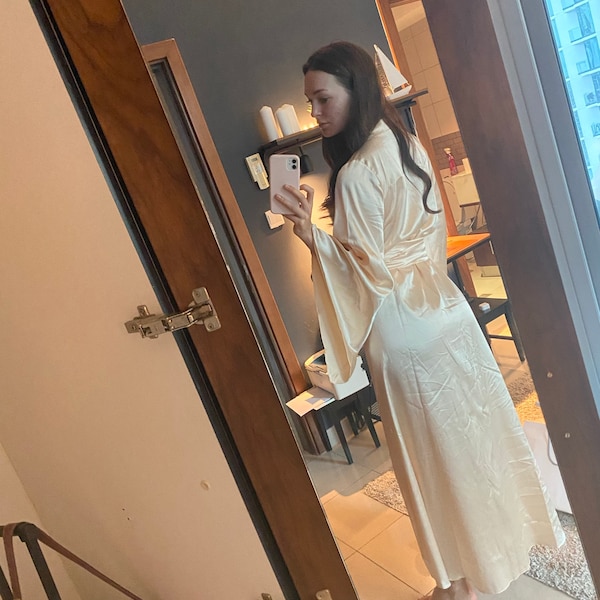 Maxi Ivory Bridal Robe Floor Length Wedding Kimono for Bride Long Satin ...