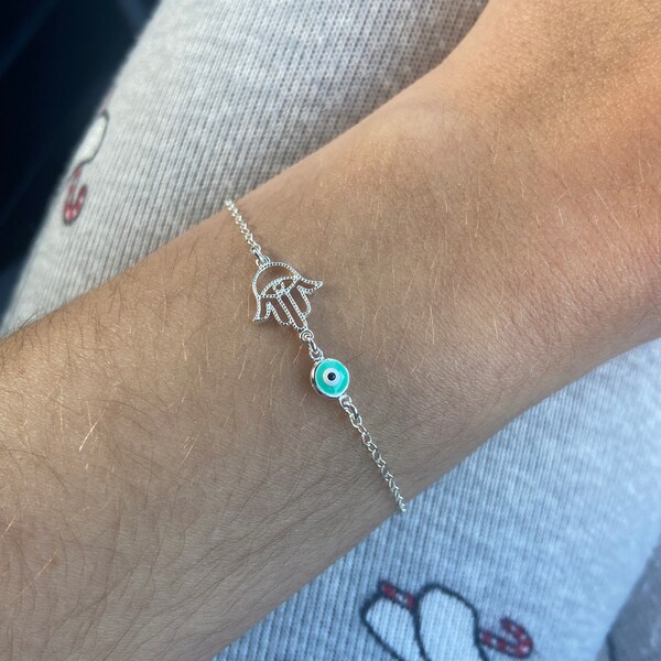 Hamsa and Evil Eye Bracelet - New Evil Eye Colors - Hand of Fatima Bracelet - Filigree Hamsa ...