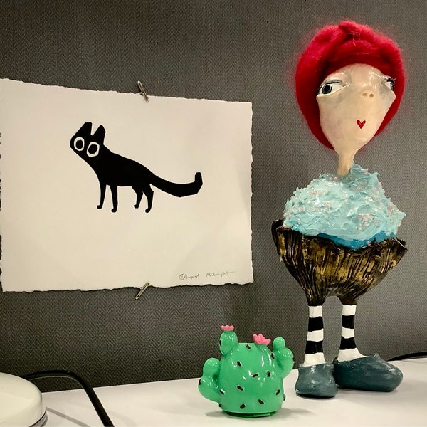 Little Black Cat Linocut - Printmaking - 7x5 Animal Art - Deckle Edge ...