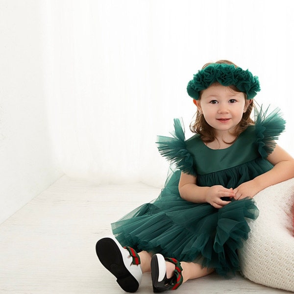 Green Christmas Dress for Girl, Plaid Christmas Toddler Gown, Short ...